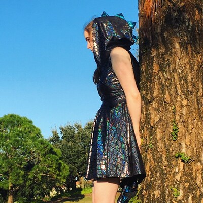 Black Dragon Scale Sleeveless Zipper Hoodie Skater Dress With Dragon ...