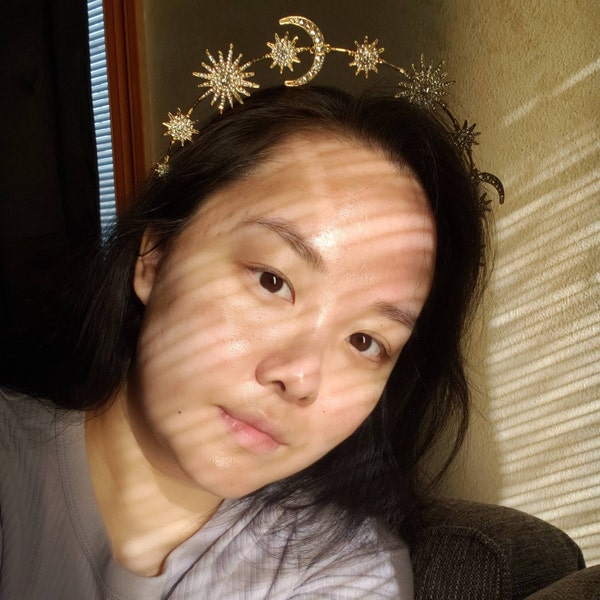 Celestial Gold Halo Tiara, Galaxy Stars and Moon Bridal Crown, Gold ...