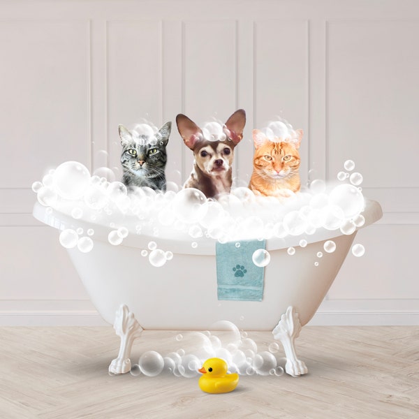 Two Pets in Bathtub Custom Pet Portrait From Photo, Combine Pet Photo ...