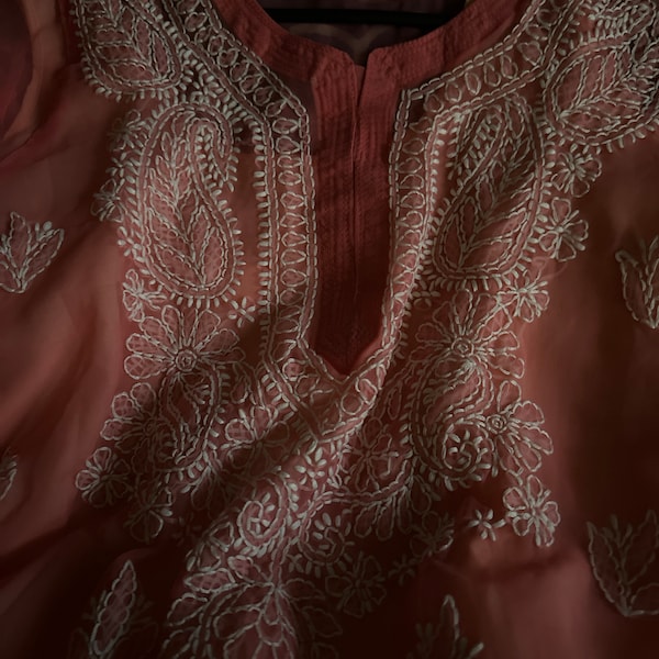 FREE INNER Handmade Lucknow Chikankari Georgette Chikan Long Kurti Full ...