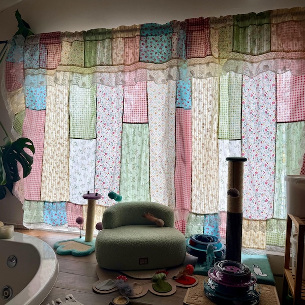 Colorful Patchwork Lace Curtain Panel French Country Shabby Chic Drapes ...