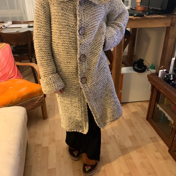 Hand Knitted Long Tweed Wool Bulky Cardigan Coat Knit Women's Oversized ...