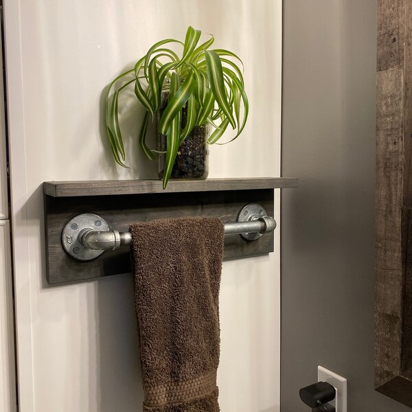 Towel Holder With Shelf, Rustic Industrial Towel Bar, Floating Shelf ...