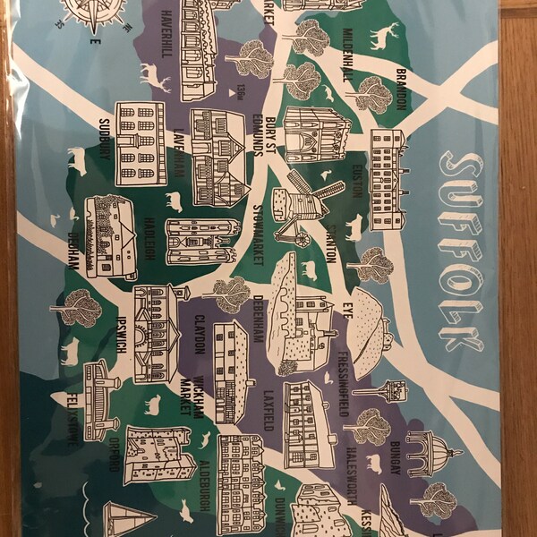 Suffolk Map, Illustrated Map, Suffolk Gift, Map of Suffolk, Map ...