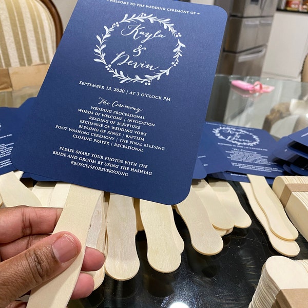 Navy Blue Wedding Program Fans Wooden Sticks Included - Navy Blue ...