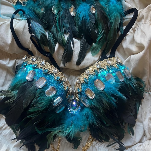 A Turquoise and Gold Feathered Rave Bra and Choker, Rhinestone ...
