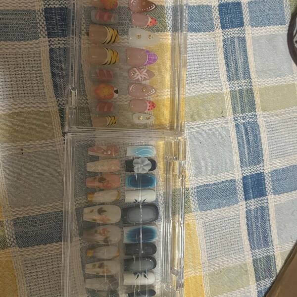 Blue and White Porcelain Nails/3d Floral Press on Nails Long Square ...