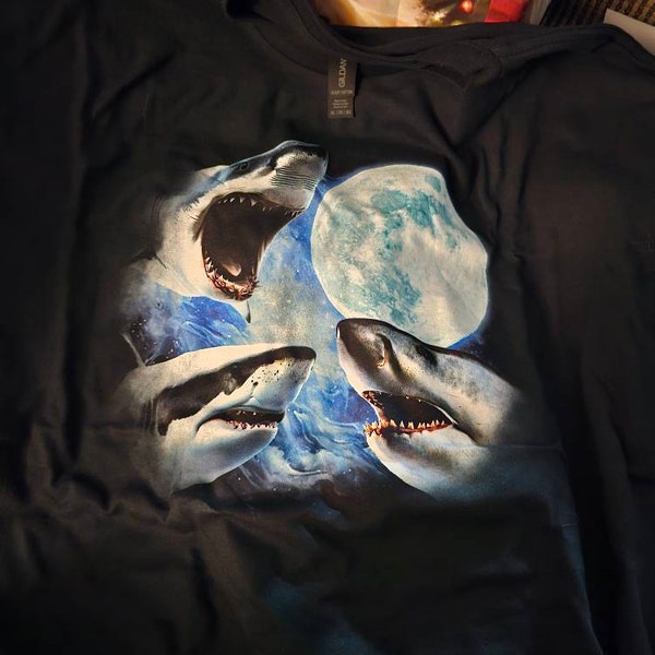 Three Sharks Vintage Graphic T-shirts, Retro Shark Moon Tshirt, Skark ...