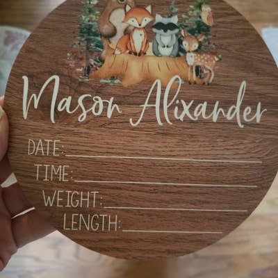 Woodland Birth Stat Sign, Round Wood Birth Stat Sign, Woodland Birth ...