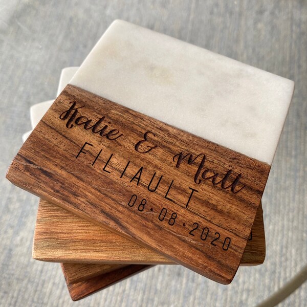 Marble and Wood Engraved Coaster Set, Marble Coasters, Engraved ...