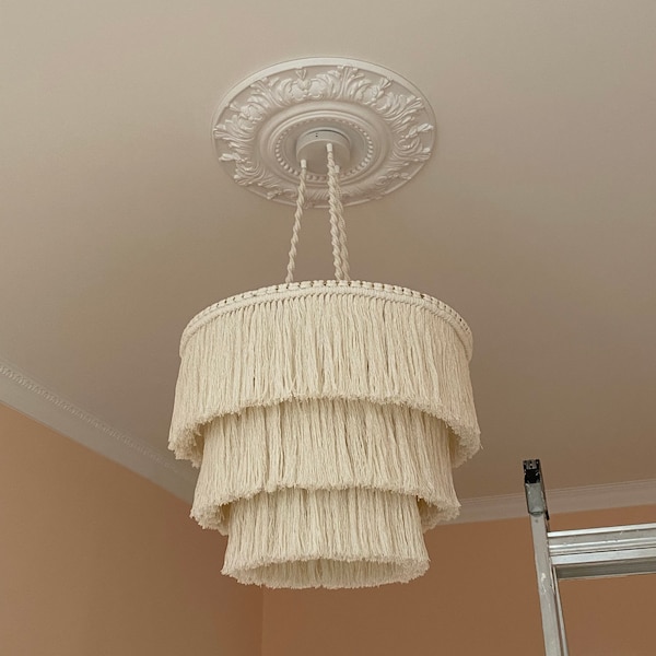 Boho Fringe Chandelier, Cotton Pendant Light, Fringe Light Fixture ...