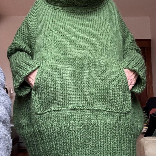 Green Hand Knitted Sweater With Accordion Hood and Pocket Plus Size ...