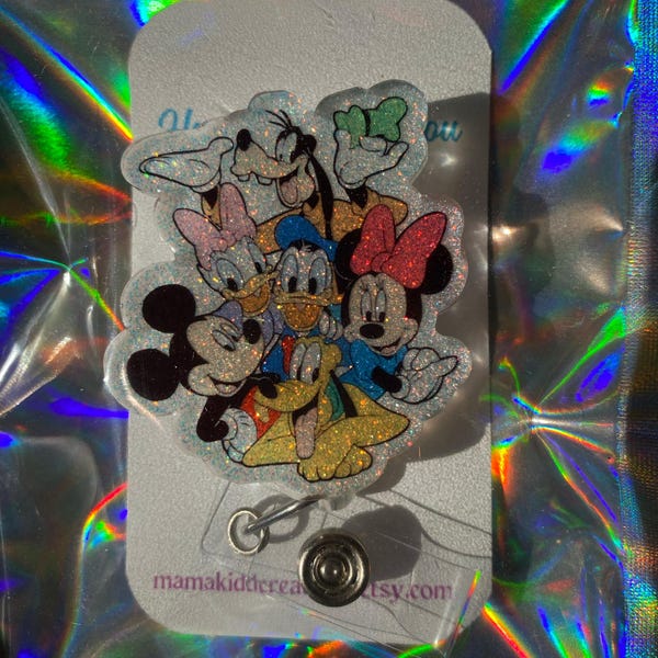 Glitter Badge Reel Retractable Permanent Badge Reel Fab 5 Mickey Goofy ...