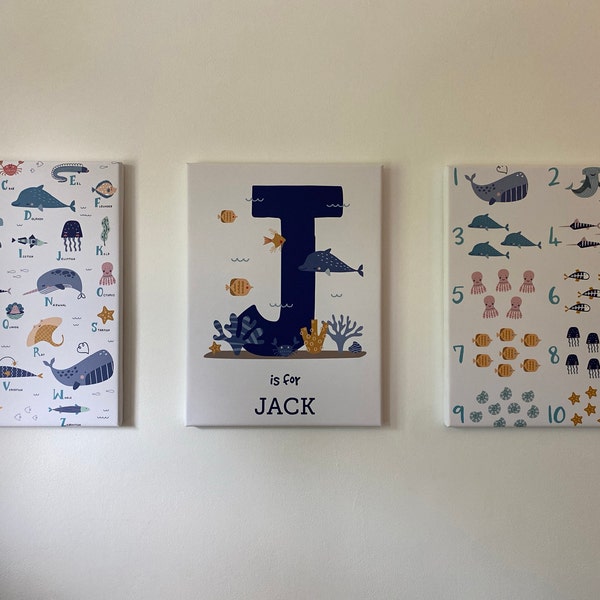 Set of 3 Ocean Sea Alphabet and Numbers Wall Art in Blue, Personalised ...