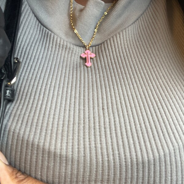 Pretty 18k Gold Plated Crucifix Necklace With Pink Cubic Zirconia ...