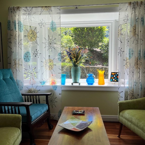 Mid Century Modern Geometric Window Curtains, 60s Retro MCM Cream, Teal ...