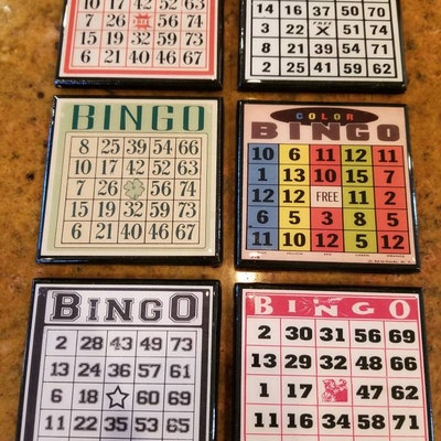 Drink Coaster Set, Bingo Card Coasters, Set of Six, Wood Coasters, Game Room Decor, Colorful Bar ...