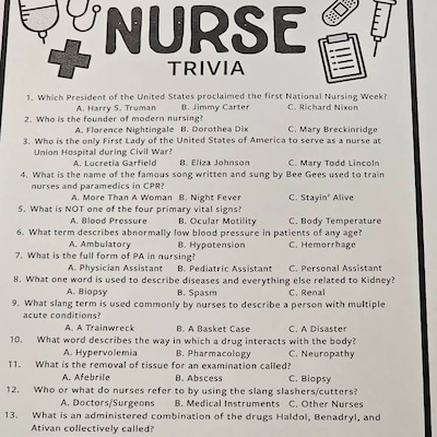 Nurse Trivia Nurse Trivia Game Printable Nurse Trivia Printable Trivia ...