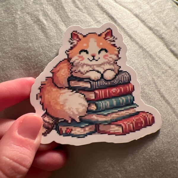 Bookish Kitty Vinyl Sticker - Cute Pixel Art Cat Decal, Gifts for ...