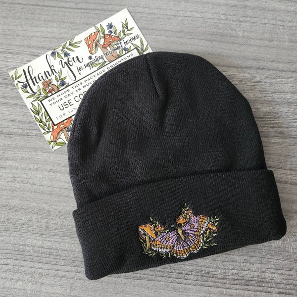 Mushroom Moth Embroidered Beanie - Handmade Embroidered Toboggan - Boho ...