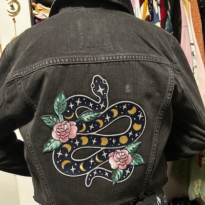 Snake & Moon Phases Large Back Patch Iron on Embroidered Patches for Jackets Celestial Serpent ...