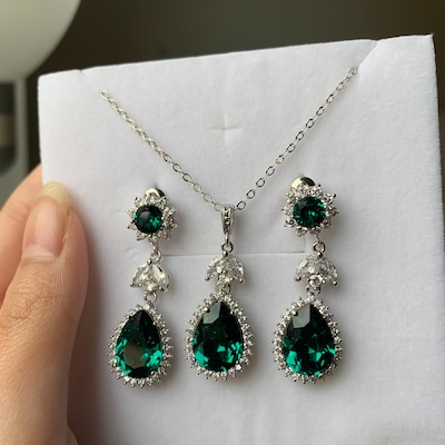 Emerald Jewelry Set Green Bridal Jewelry Sets Rose Gold Wedding Jewelry ...
