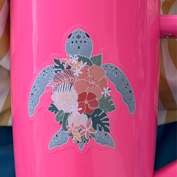 Sea Turtle With Flowers Clear Vinyl Sticker || Ocean Stickers Surf ...