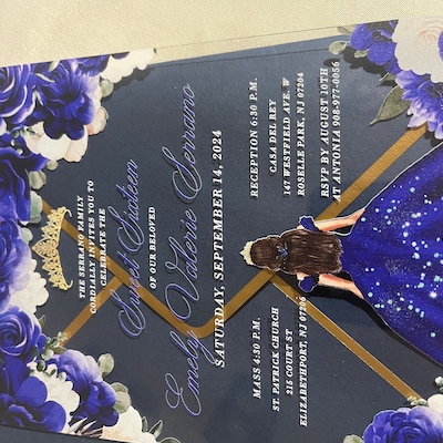 Clear Acrylic Quinceañera Invitations With Pink Flowers Gold Silver ...