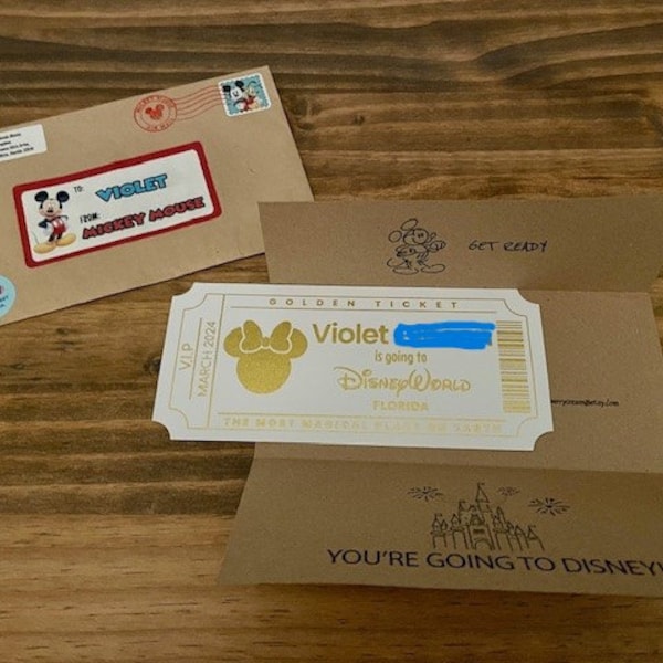 Professional Gold Foil Disney Reveal Gift Surprise Ticket With Greeting ...