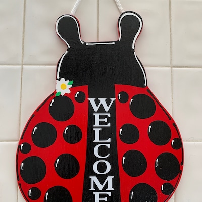 LADYBUG WELCOME Shaped SIGN Seasonal Wall Plaque Home Family Deck Patio ...