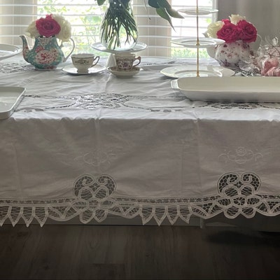 Exquisite Vintage Madeira Style Hand Embroidered Line Tablecloth Beige ...