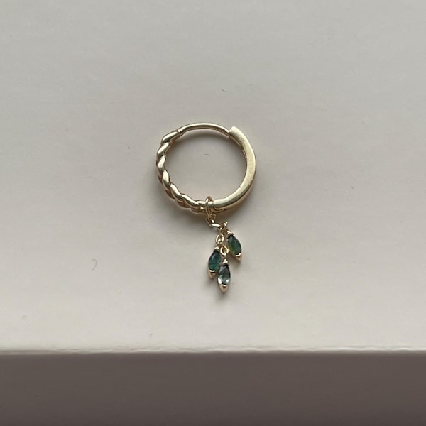 14K Solid Gold Dangle Moss Agate Clicker Charm, Gemstone Leaf Earlobe ...