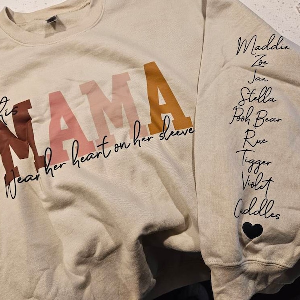 Custom This Mama Wears Her Heart on Her Sleeve Hoodie, Personalized Mom ...