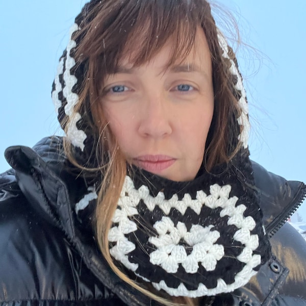 Black and White Granny Square Crochet Balaclava: Unisex Hood Hat - Etsy