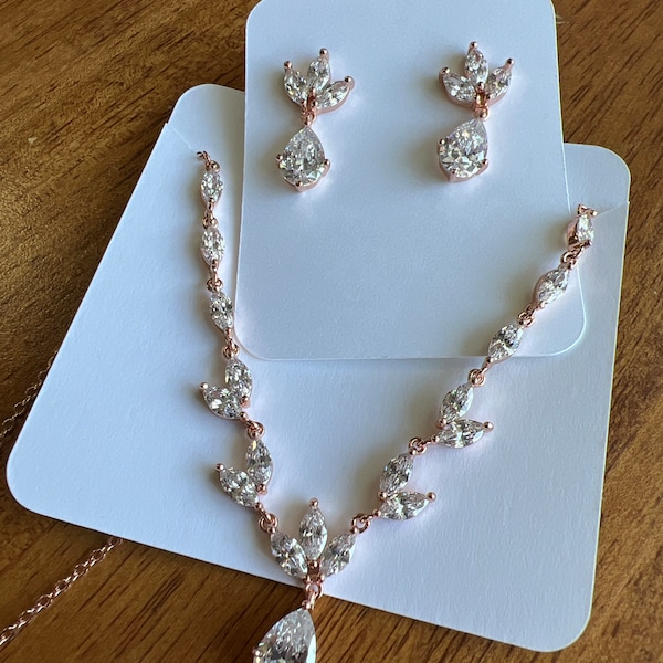 Dainty Bridal Necklace and Earring Set Silver Wedding Jewelry Set Rose ...