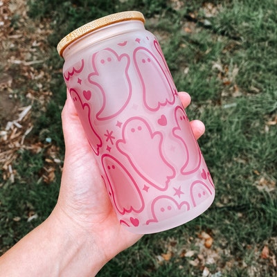 Cute Ghosts Glass Wrap SVG Halloween Boo Pink Layered 16oz Can Svg PNG ...