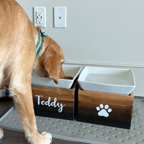 Modern Square Dog Bowl Set | Elevated Pet Feeder | Porcelain Pet Bowls ...