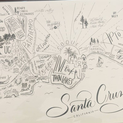 Santa Cruz, CA Neighborhood Map Print Handlettered Map of Santa Cruz ...