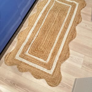 Jute Rug Blue Wavy Edge Jute Scallop Rug, Bohemian Jute Rug, Natural ...