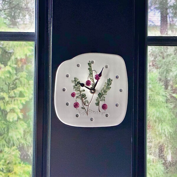 Cranberry Vine Wall Clock : Handmade, Pressed Ceramic Botanical Desk ...