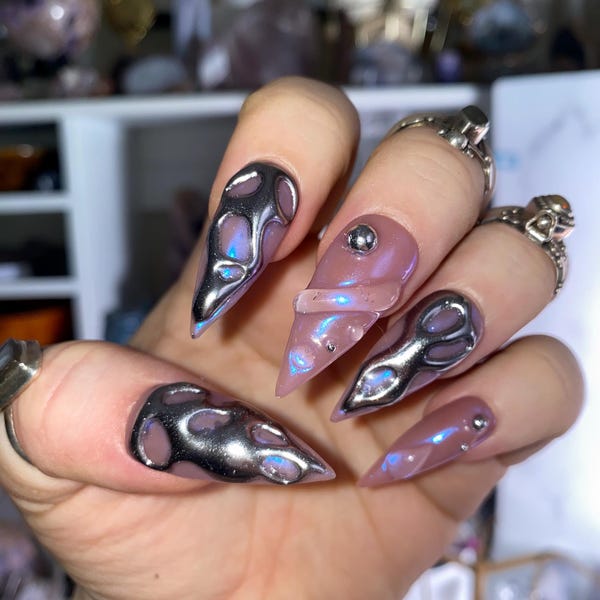 Custom Long Stiletto Metallic Silver Press on Nails - Free-style Goth ...