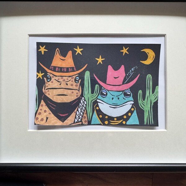 Framed Cowboy Frog Print - Ready to Hang 4"x6" Wall Print Whimsical ...