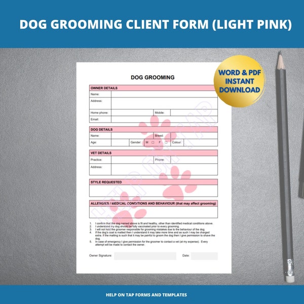 Dog Checklist for Groomer (pink) - Canva | Dog Grooming Checklist | Pet ...