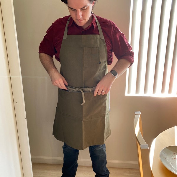 Chef Apron With Pockets | Olive Green, Canvas, Adjustable | Kitchen ...