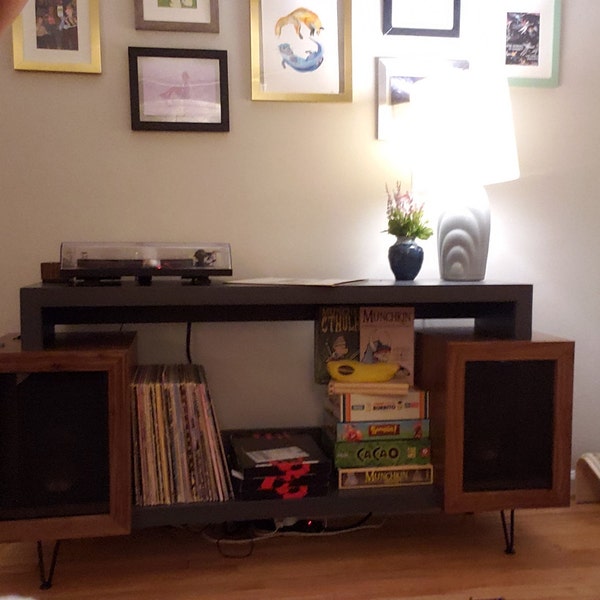 Mid Century Modern Record Player Stand & Vinyl Storage Cabinet With ...