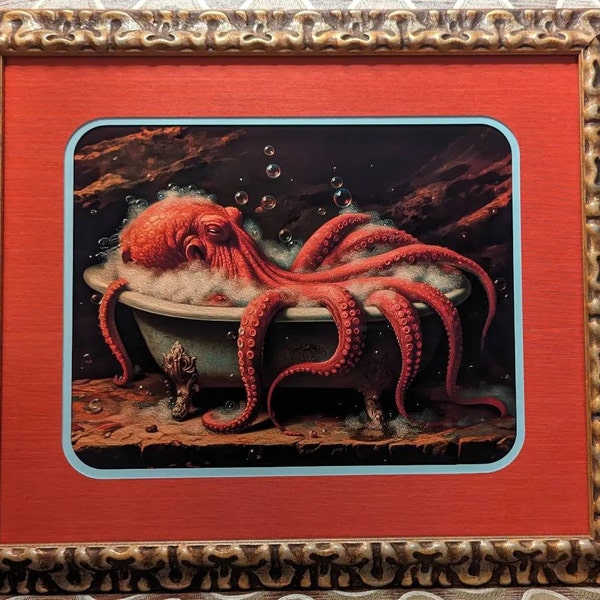 Octopus in the Bathtub Oil Painting, Nautical Bathroom Wall Art, Animal ...