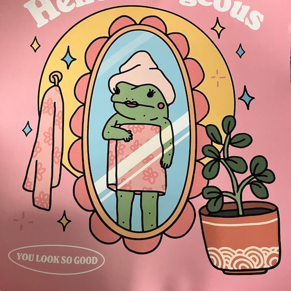 Girly Frog Self Love Wall Print, Positivity Hello Gorgeous Quote, Pink ...