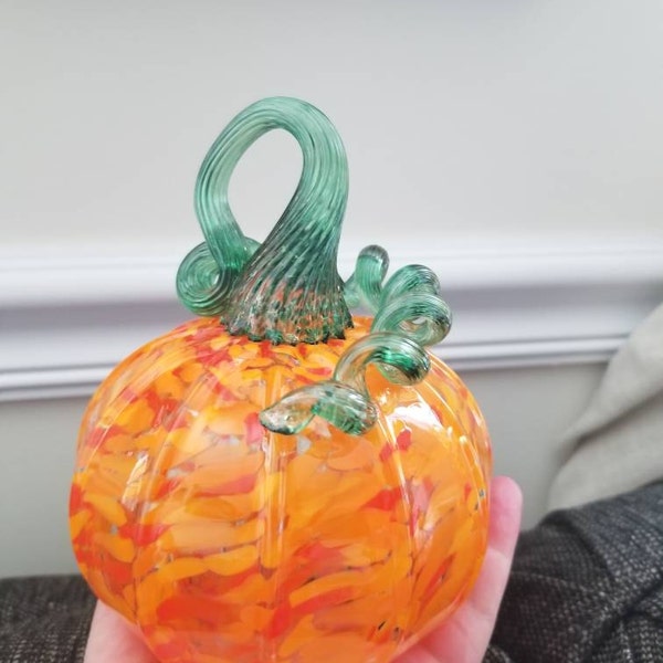 Handmade Blown Glass Pumpkin, Fall Spotty Pumpkin With Curly Tan Stem ...