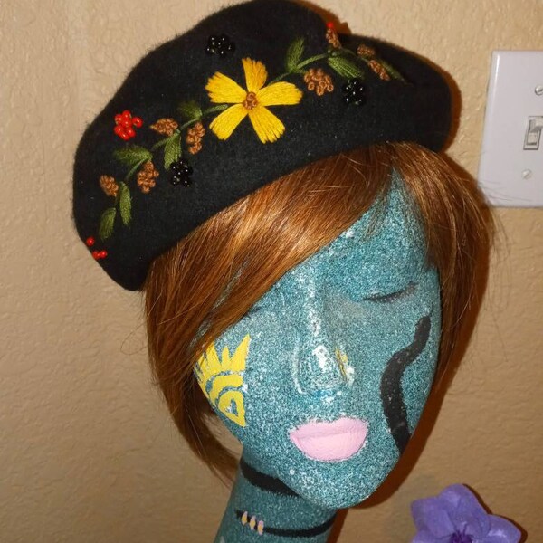 Hand Embroidered 100% Wool Flower French Beret, Winter French Cap ...