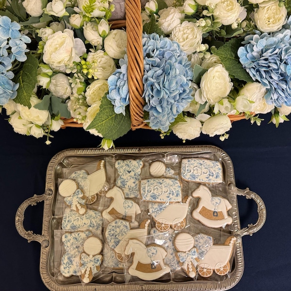 Toile De Jouy Baby Shower Decorated Cookies,french Toile Themed Baby ...